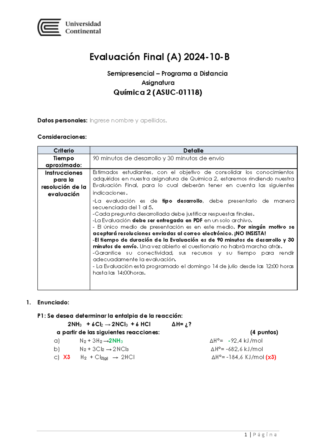 Evaluación Final Prueba desarrollo Química 2 - Evaluación Final (A) 2024 - 10 - B Semipresencial ...