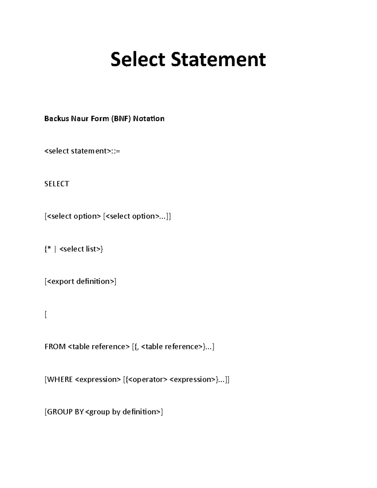 Select Statement database - Select Statement Backus Naur Form (BNF ...