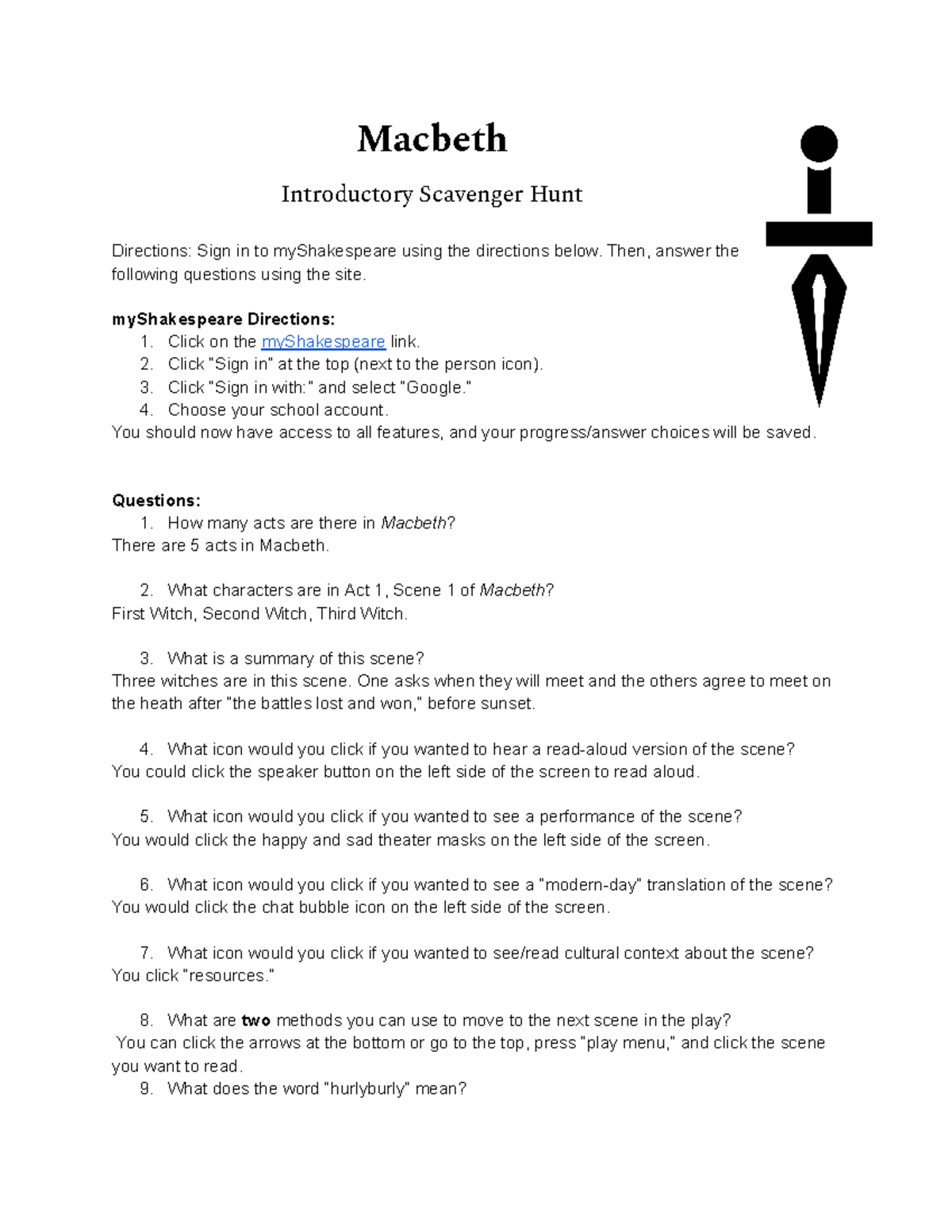 Macbeth Introductory Scavenger Hunt - Macbeth Introductory Scavenger ...