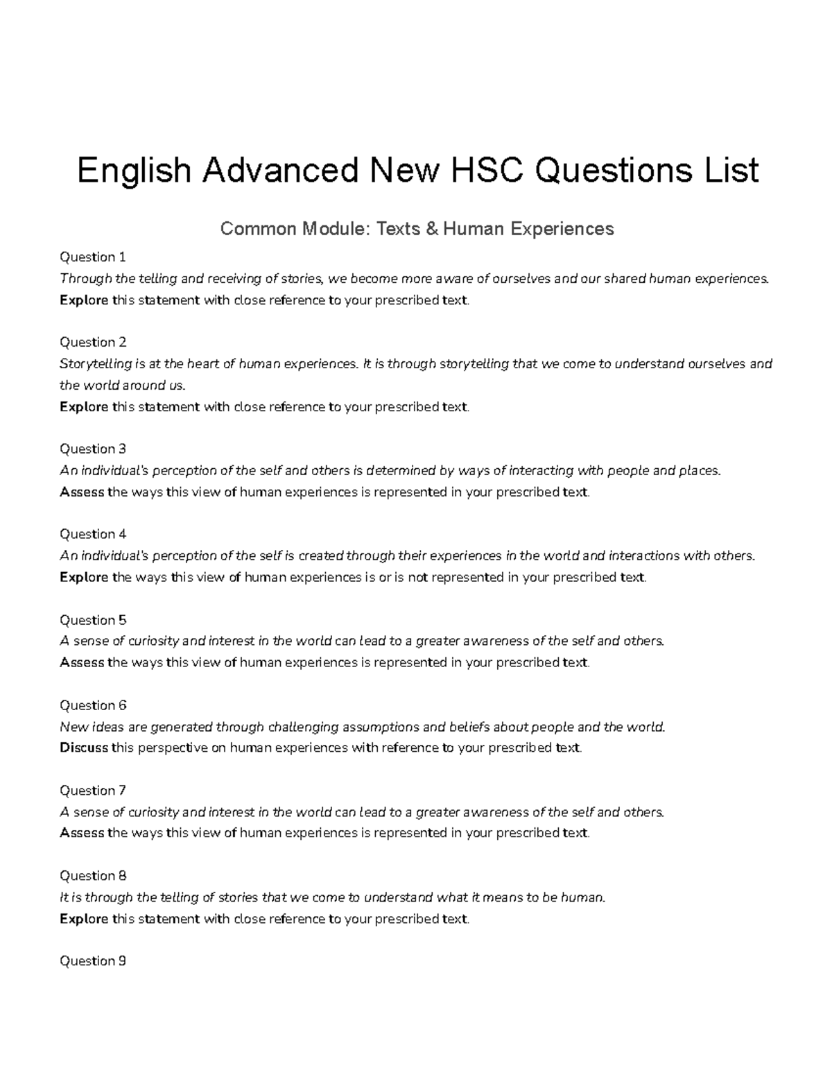 English Adv New Questions List - English Advanced New HSC Questions ...