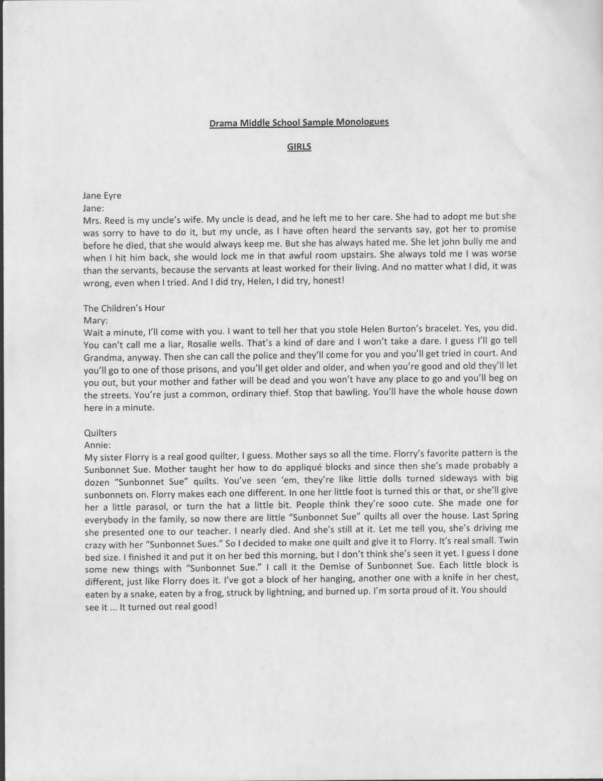 Middle School Monologues - DRLITUA649 - NYU - Studocu