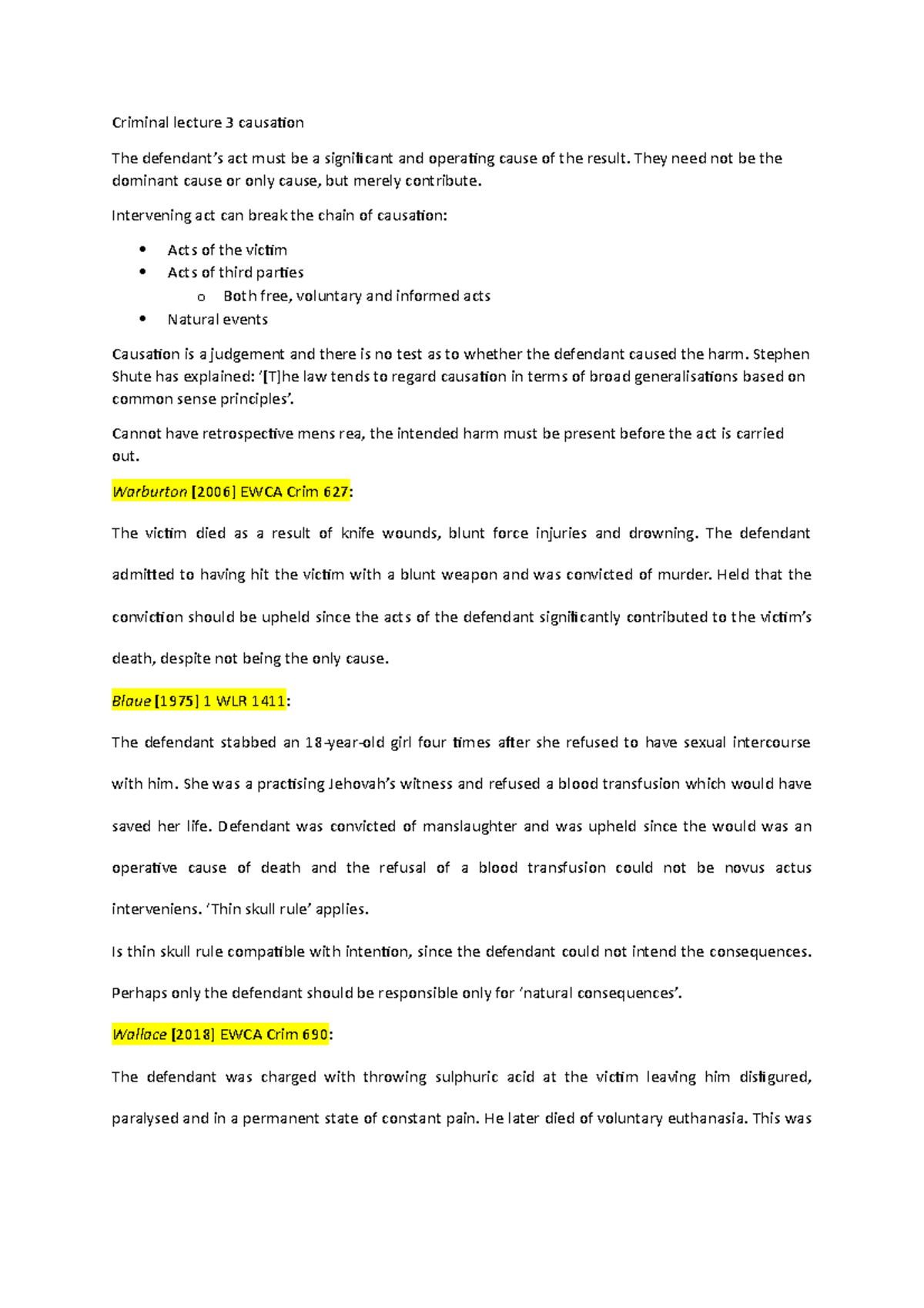 Criminal lecture 3 causation - Criminal lecture 3 causation The ...