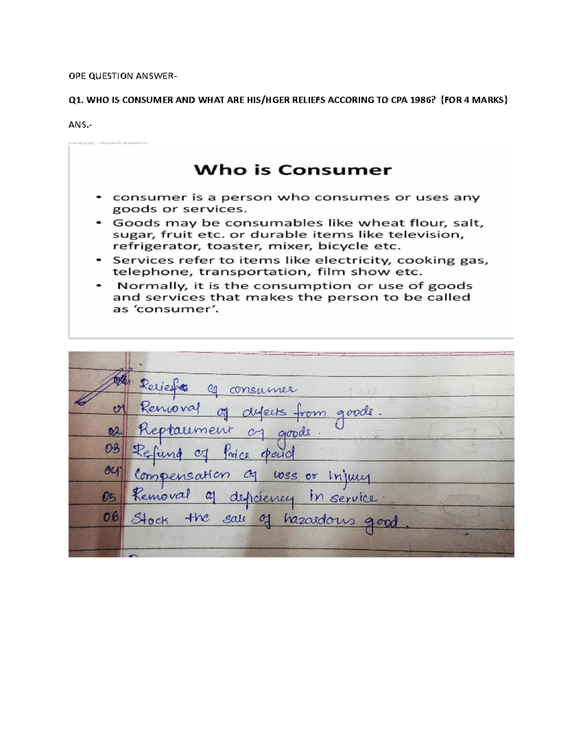 consumer rights - OPE QUESTION ANSWER- Q1. WHO IS CONSUMER AND WHAT ARE ...