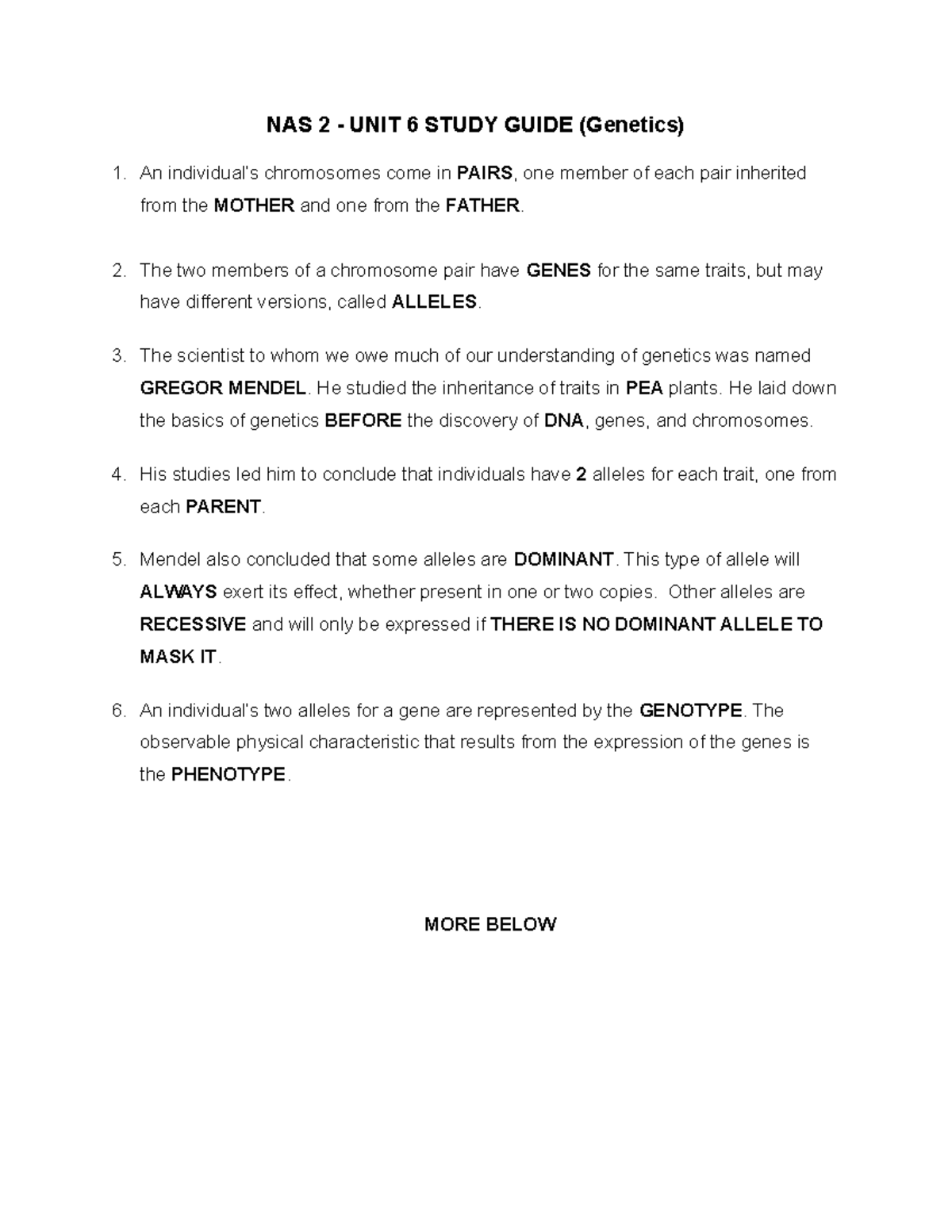 NAS 2 Unit 6 Study Guide Genetics - NAS 2 - UNIT 6 STUDY GUIDE ...