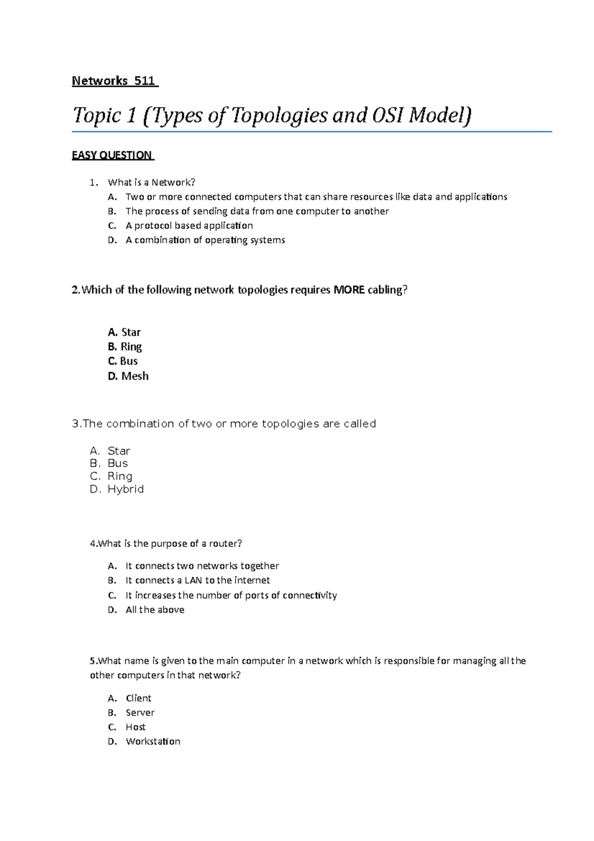 Networks 511 Class test 2 - Networks 511 Topic 1 (Types of Topologies ...