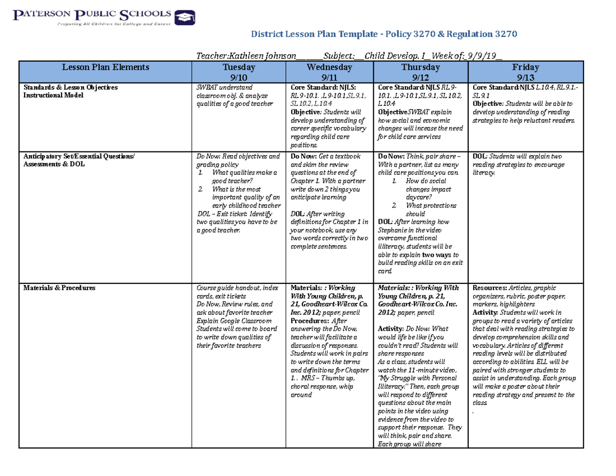 Child Dev 9Chapter 9 Outline - District Lesson Plan Template - Policy ...