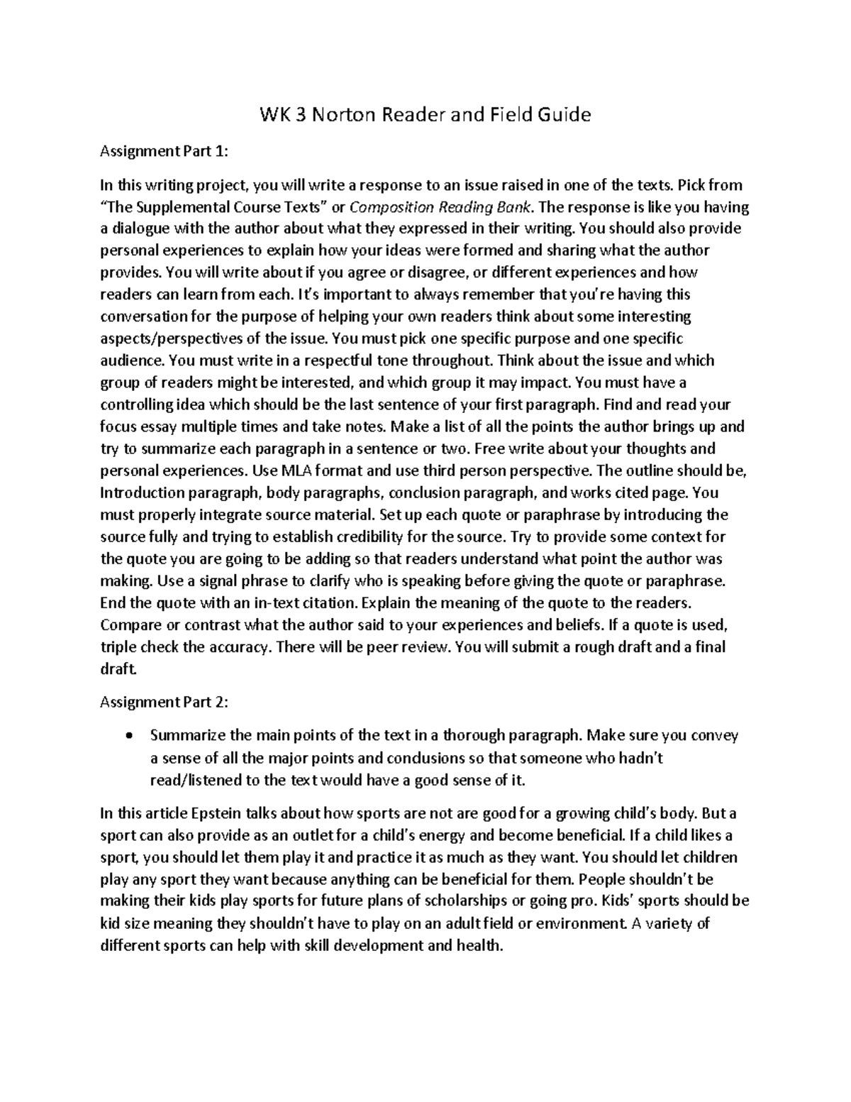 WK 3 Norton Reader and Field Guide - Pick from Supplemental Course or ...