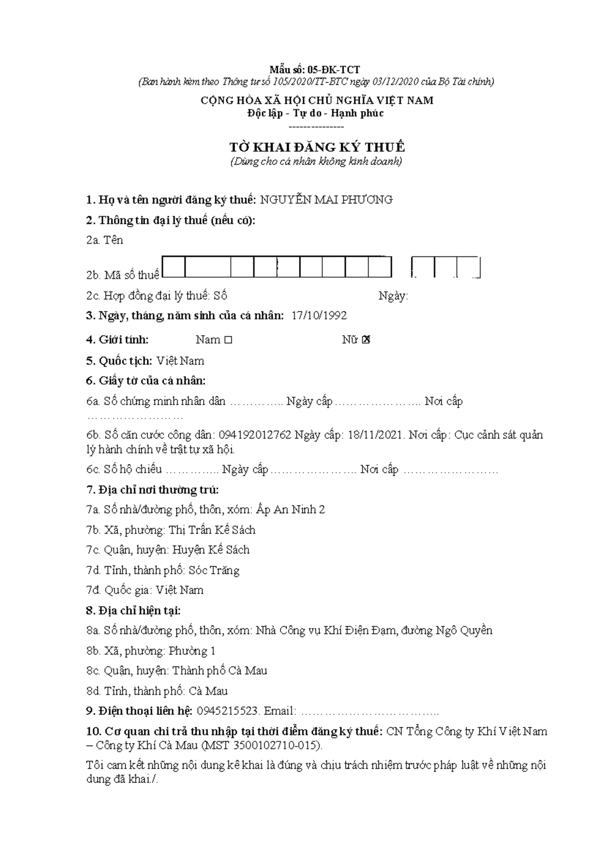 Mẫu số 05-ĐK-TCT (Nguyễn Mai Phương) - x Mẫu số: 05-ĐK-TCT (Ban hành ...