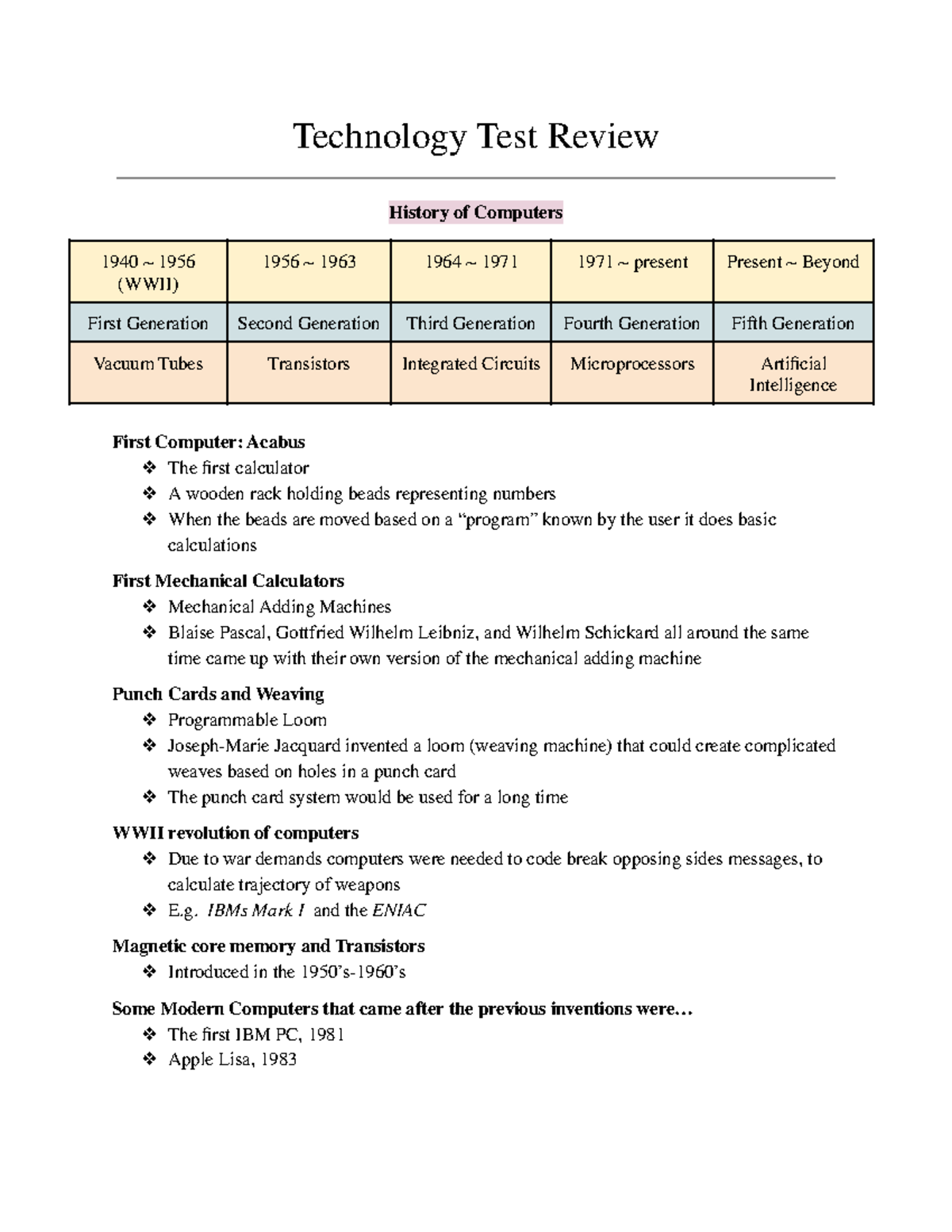 Grade 10 Technology Test Review - Technology Test Review History of ...