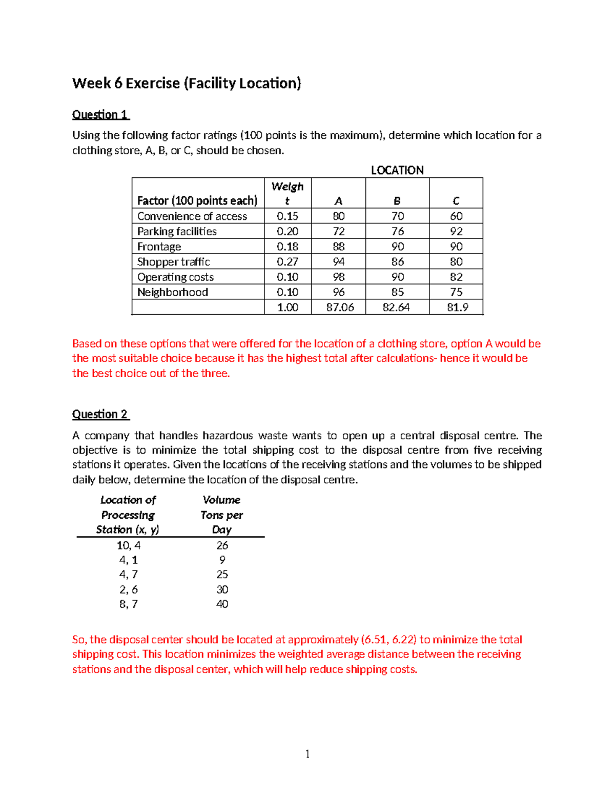 Week 6 Exercise (Facility Location) - Week 6 Exercise (Facility Location) Question 1 Using the ...