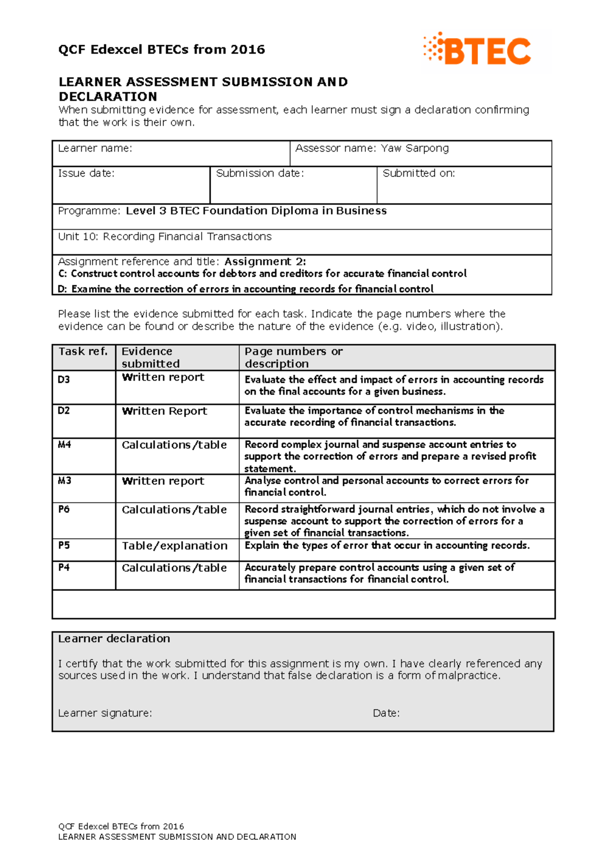 Learner Declaration Form- Assignment 2 - QCF Edexcel BTECs from 2016 ...