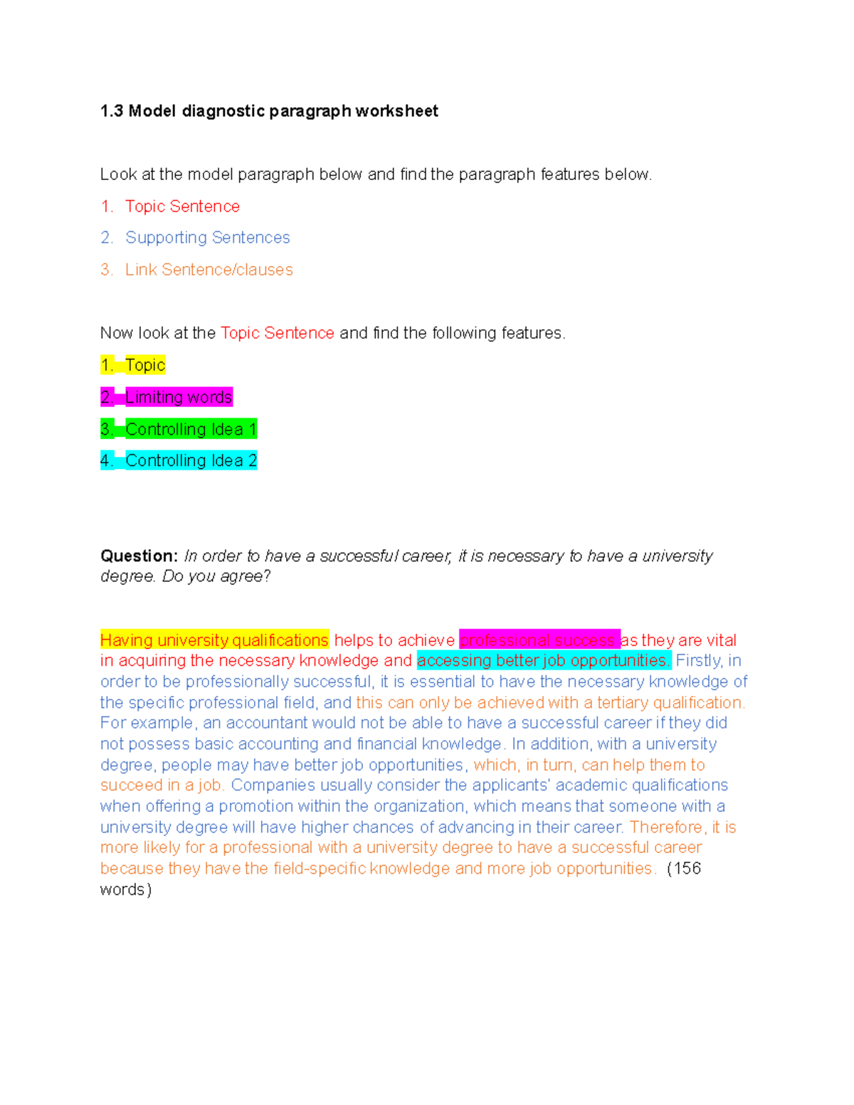 Model diagnostic paragraph worksheet -homework - 1 Model diagnostic ...