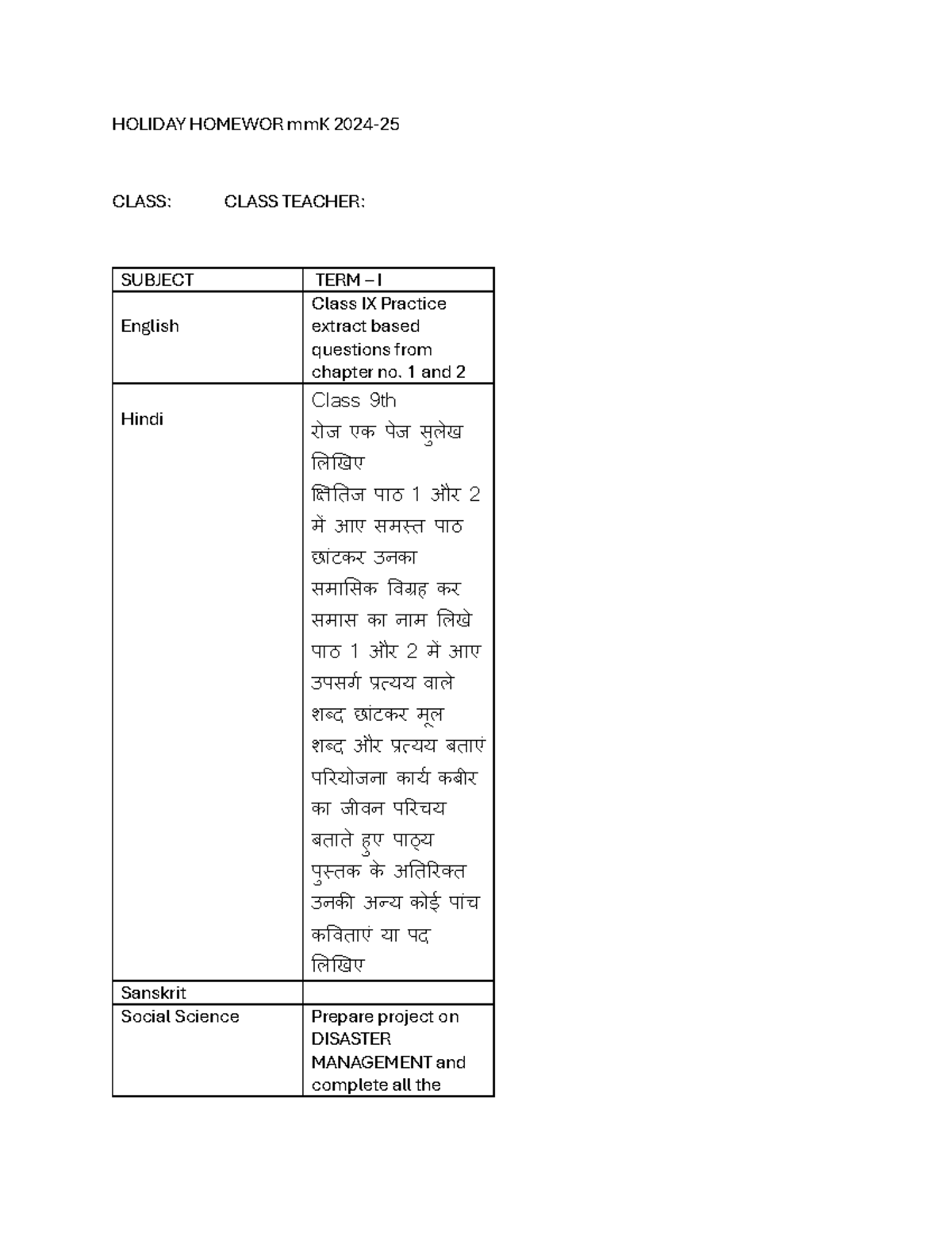 Holiday Homework 2024-2025kk - HOLIDAY HOMEWOR mmK 2024 - 25 CLASS ...