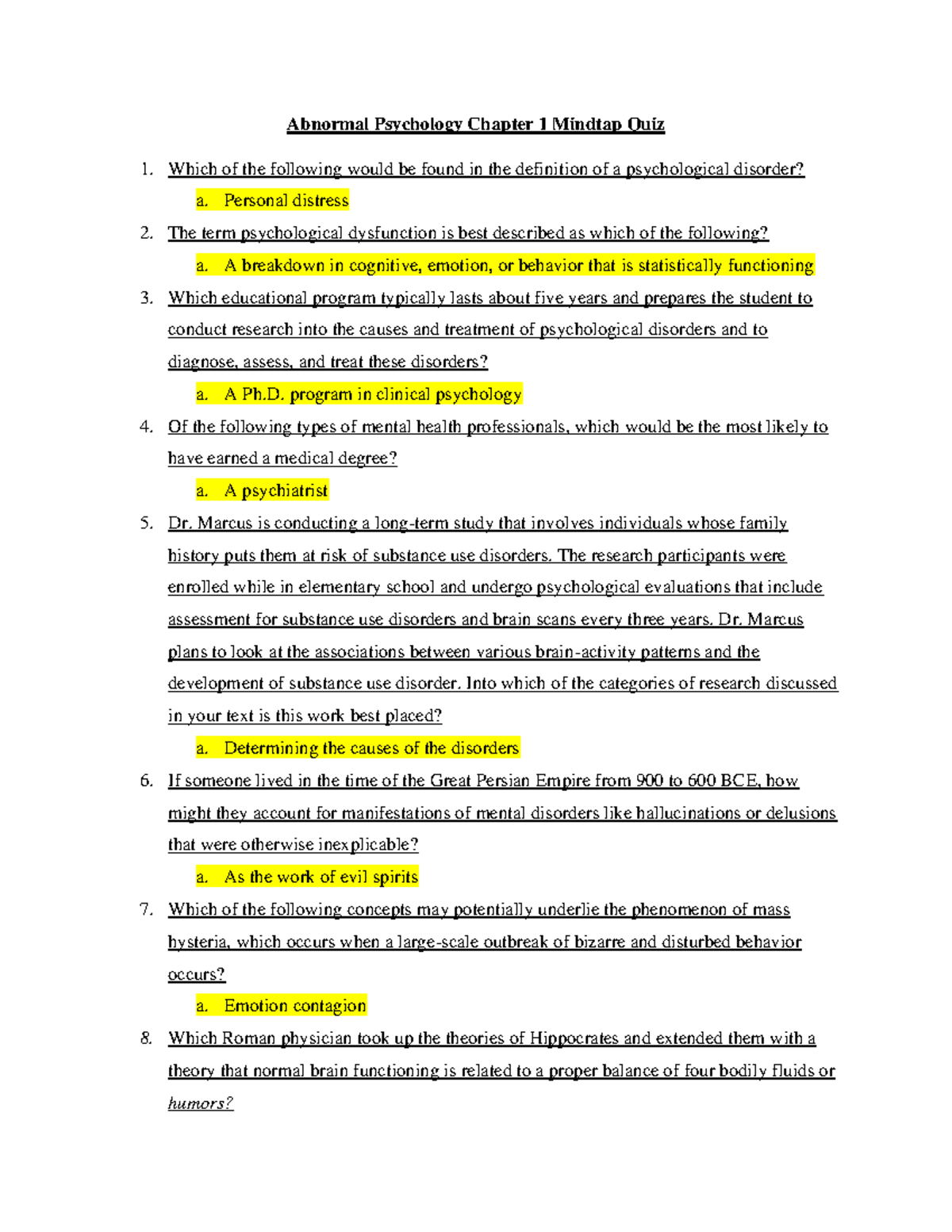 PSYC276-Ch1Mindtap Quiz - Abnormal Psychology Chapter 1 Mindtap Quiz ...