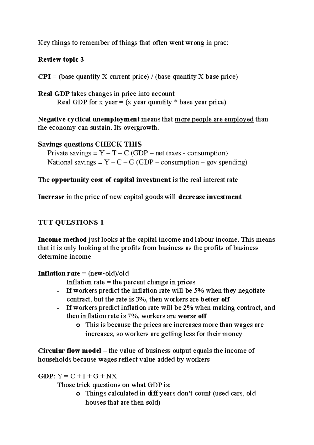Econ Mid Semester exam 2021 - Key things to remember of things that ...