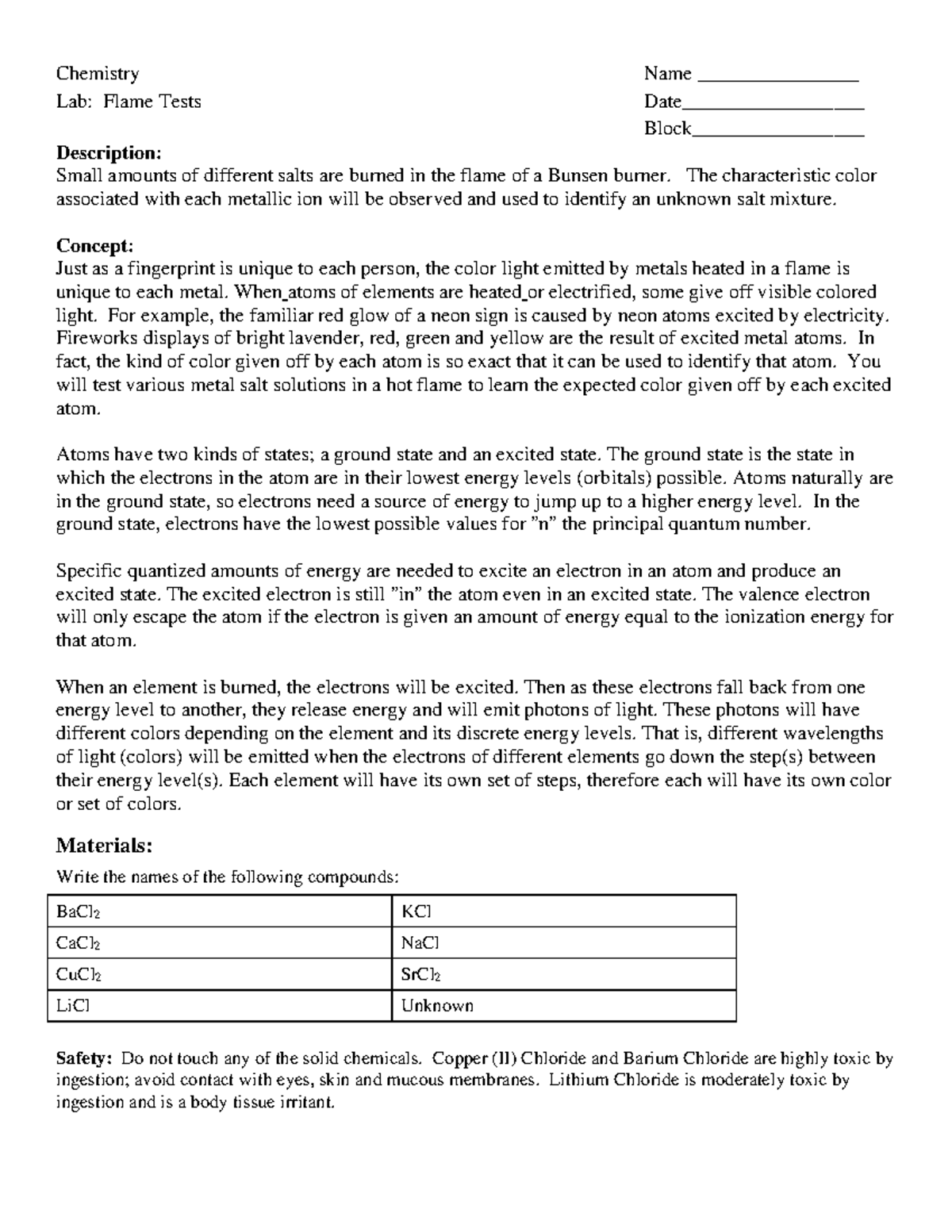 Chemistry Lab: Flame Tests - Studocu