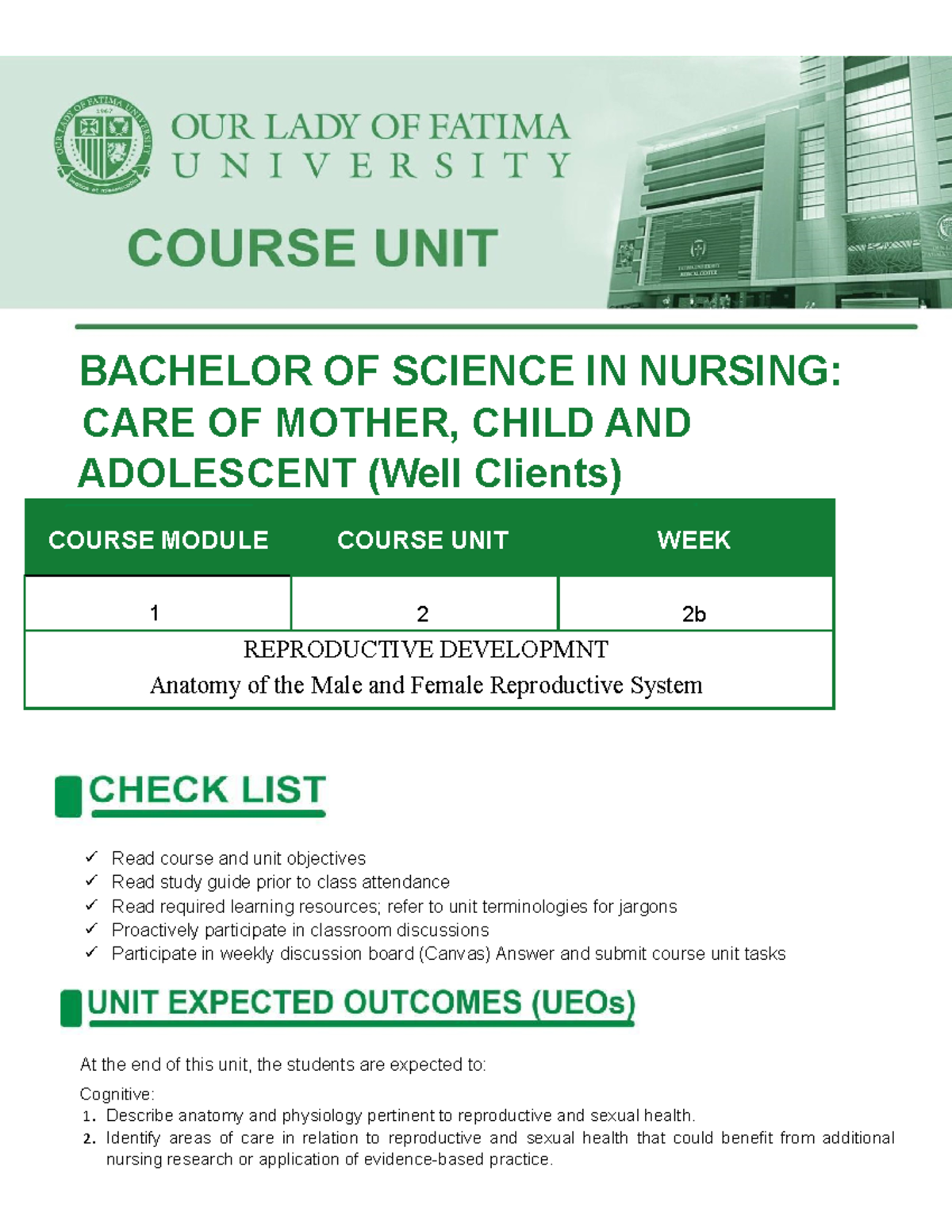 Course UNIT WEEK 2 - dfvsdzfv - BACHELOR OF SCIENCE IN NURSING: CARE OF ...