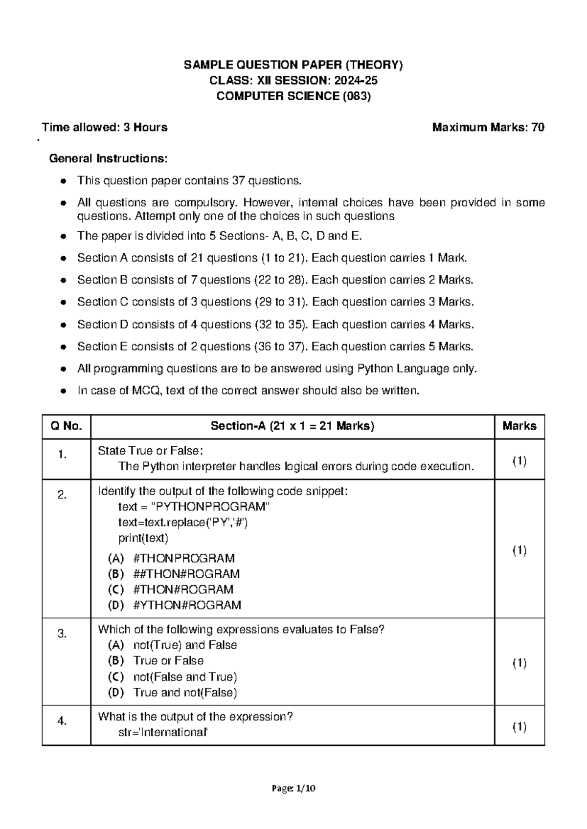 Computer Science-SQP - Yes - SAMPLE QUESTION PAPER (THEORY) CLASS: XII SESSION: 2024- 25 ...