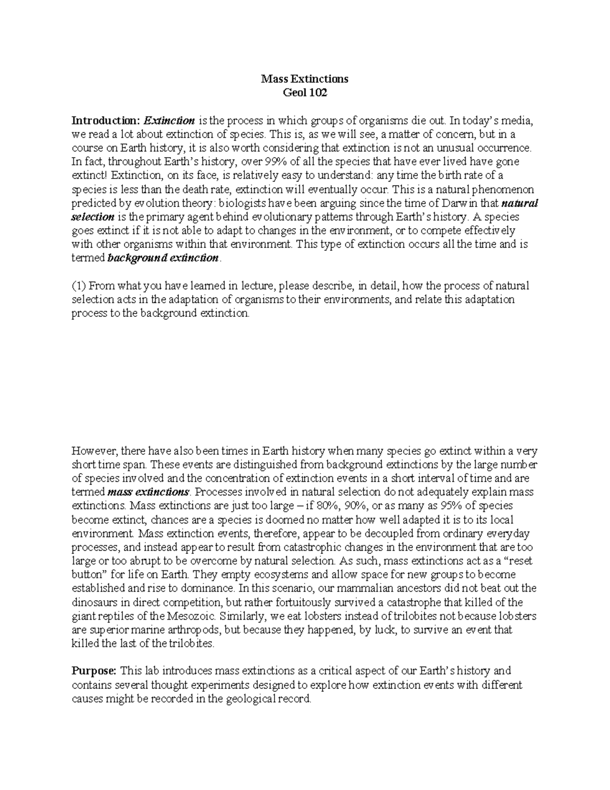 Extinction lab-online - Mass Extinctions Geol 102 Introduction ...