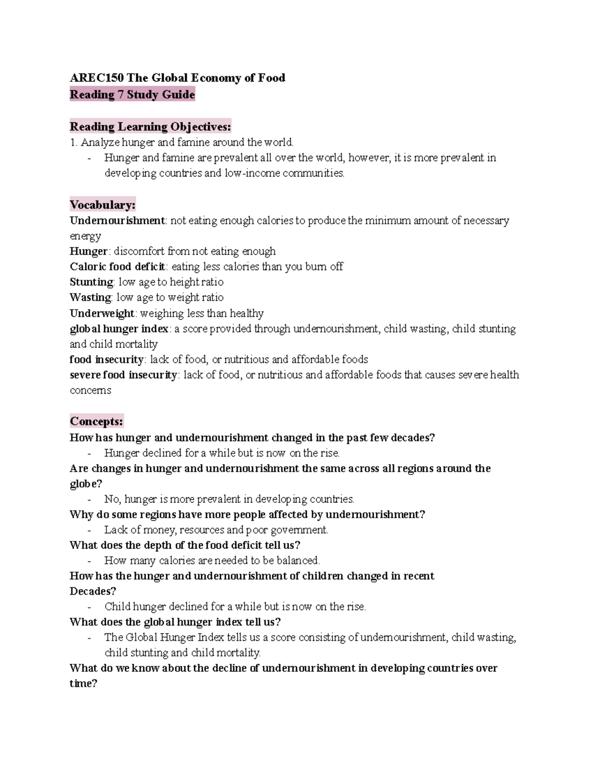 Module 4 Reading 7 Study Guide - AREC150 The Global Economy of Food ...