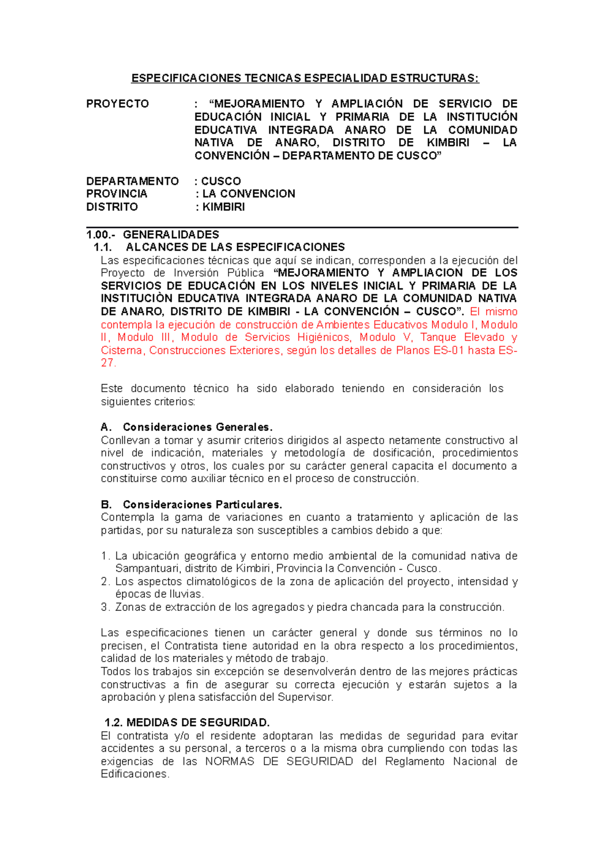 Especificaciones Técnicas Anaro - ESPECIFICACIONES TECNICAS ESPECIALIDAD ESTRUCTURAS: PROYECTO ...