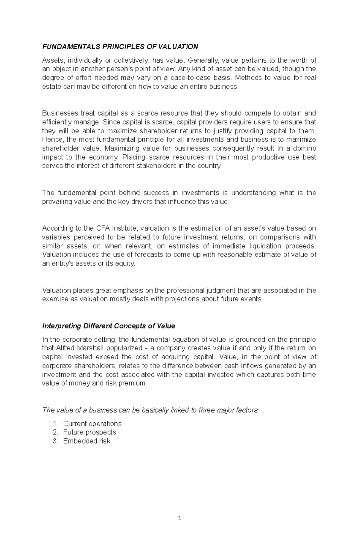 Valuation Methods Chapter 1 - FUNDAMENTALS PRINCIPLES OF VALUATION ...