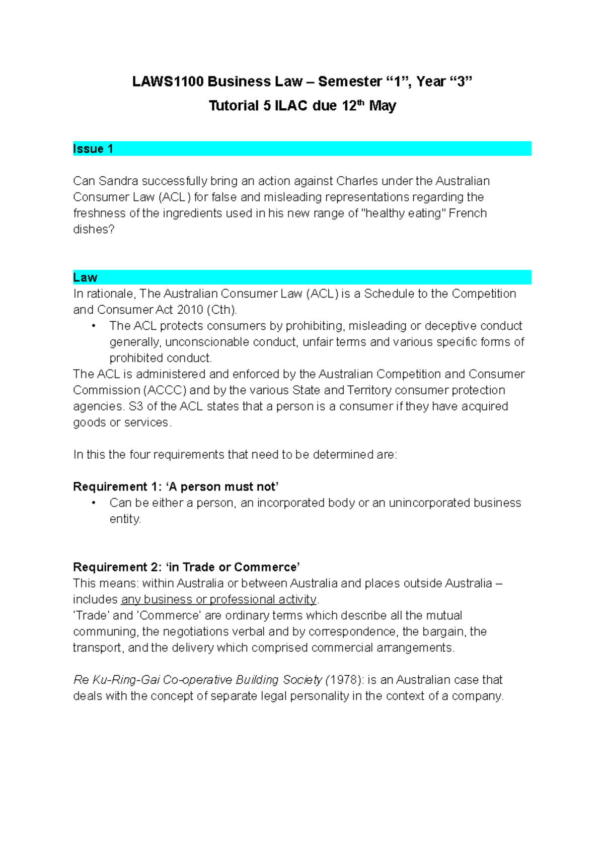 T5 ILAC Problem Scenario - LAWS1100 Business Law – Semester “1”, Year ...