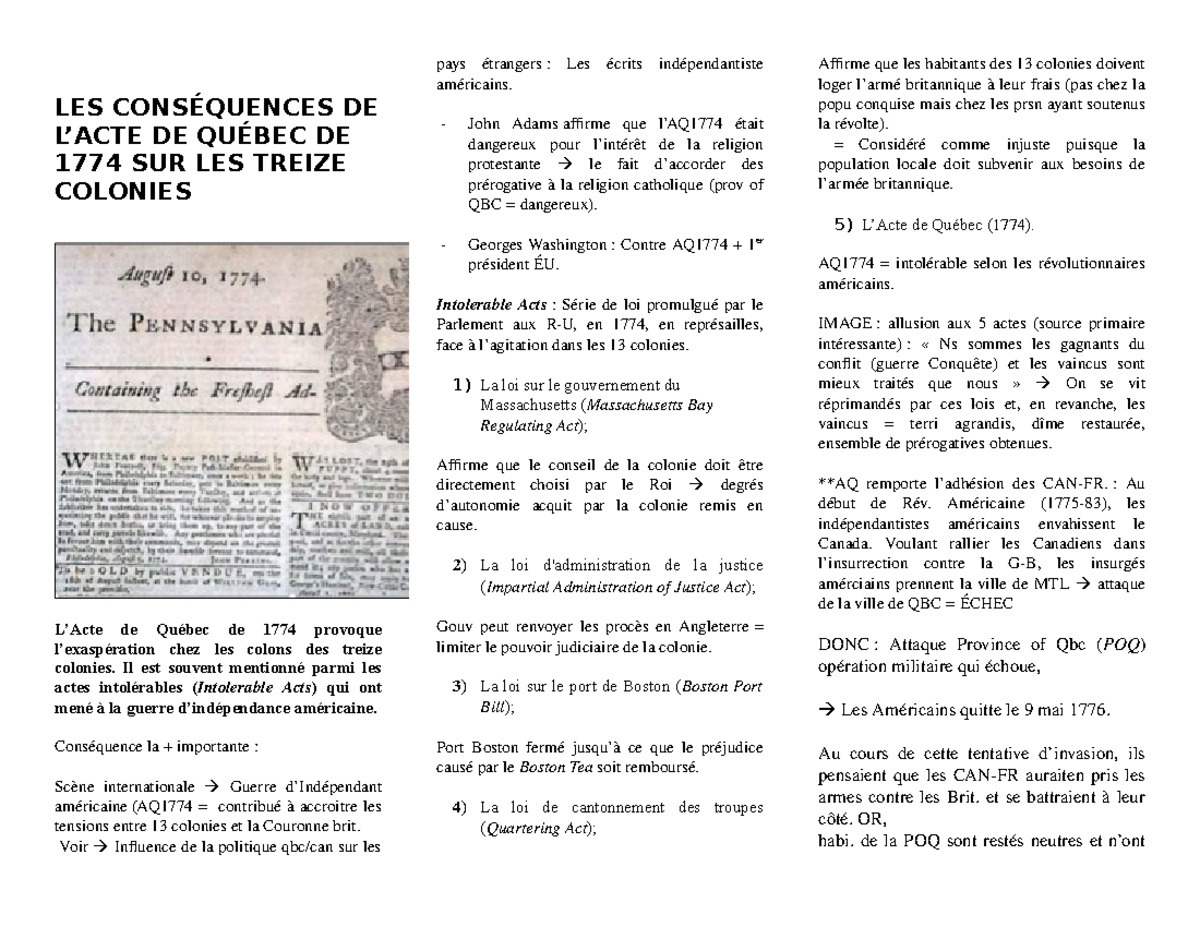 Origine du système politique canadien - LES CONSÉQUENCES DE L’ACTE DE ...