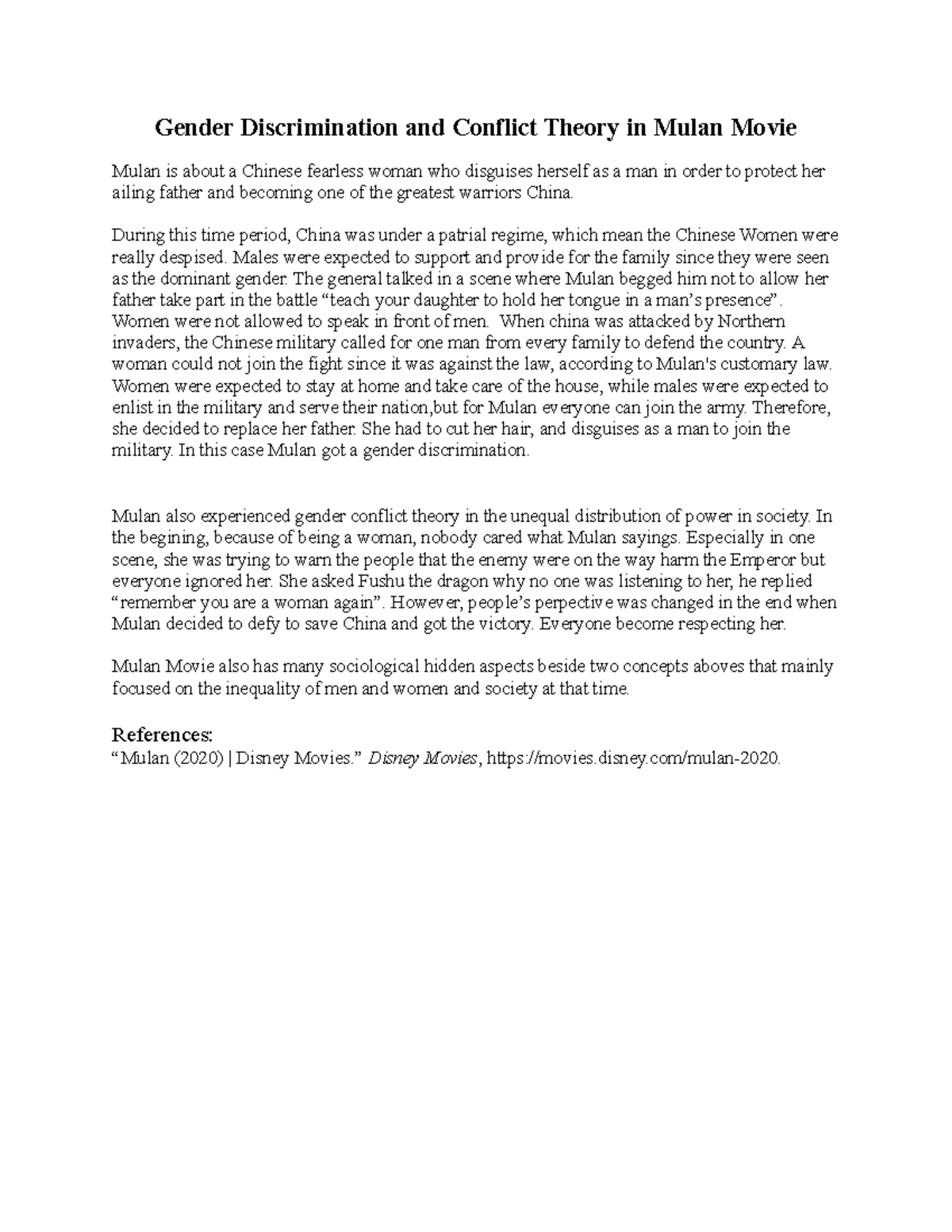 Gender Discrimination and Conflict Theory in Mulan Movie - During this ...