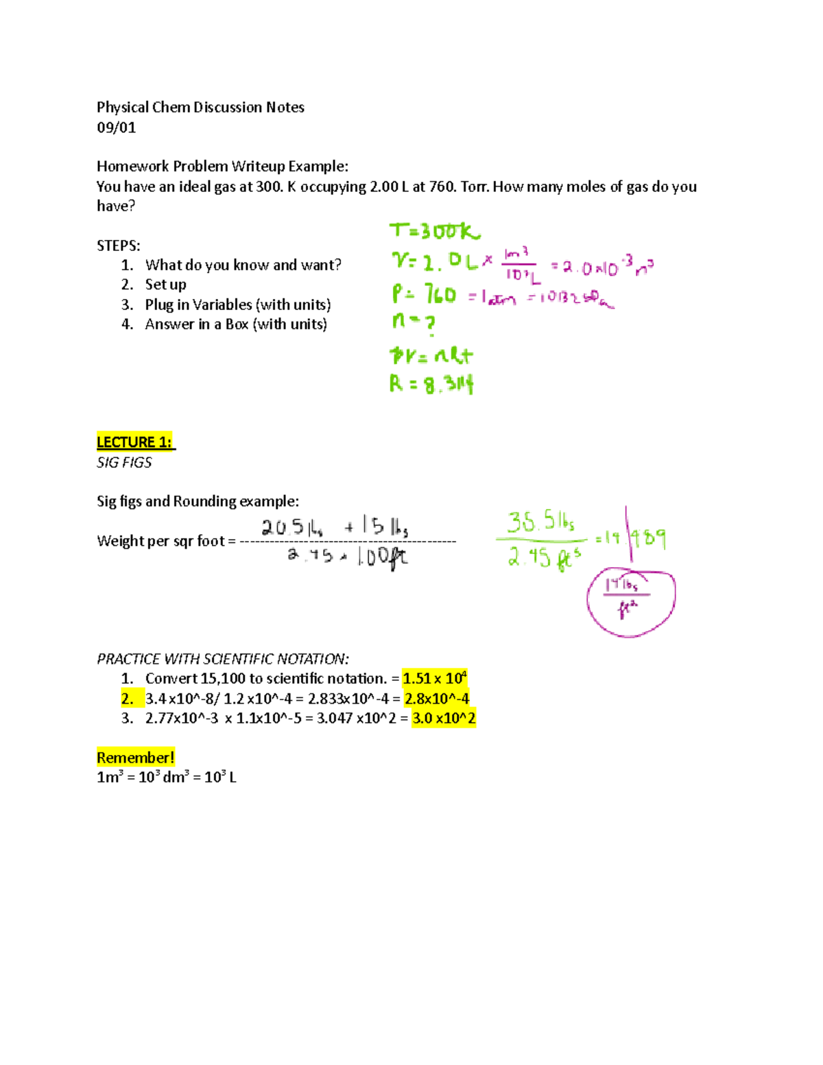 Physical Chem Notes 3-5 - Physical Chem Discussion Notes 09/ Homework ...