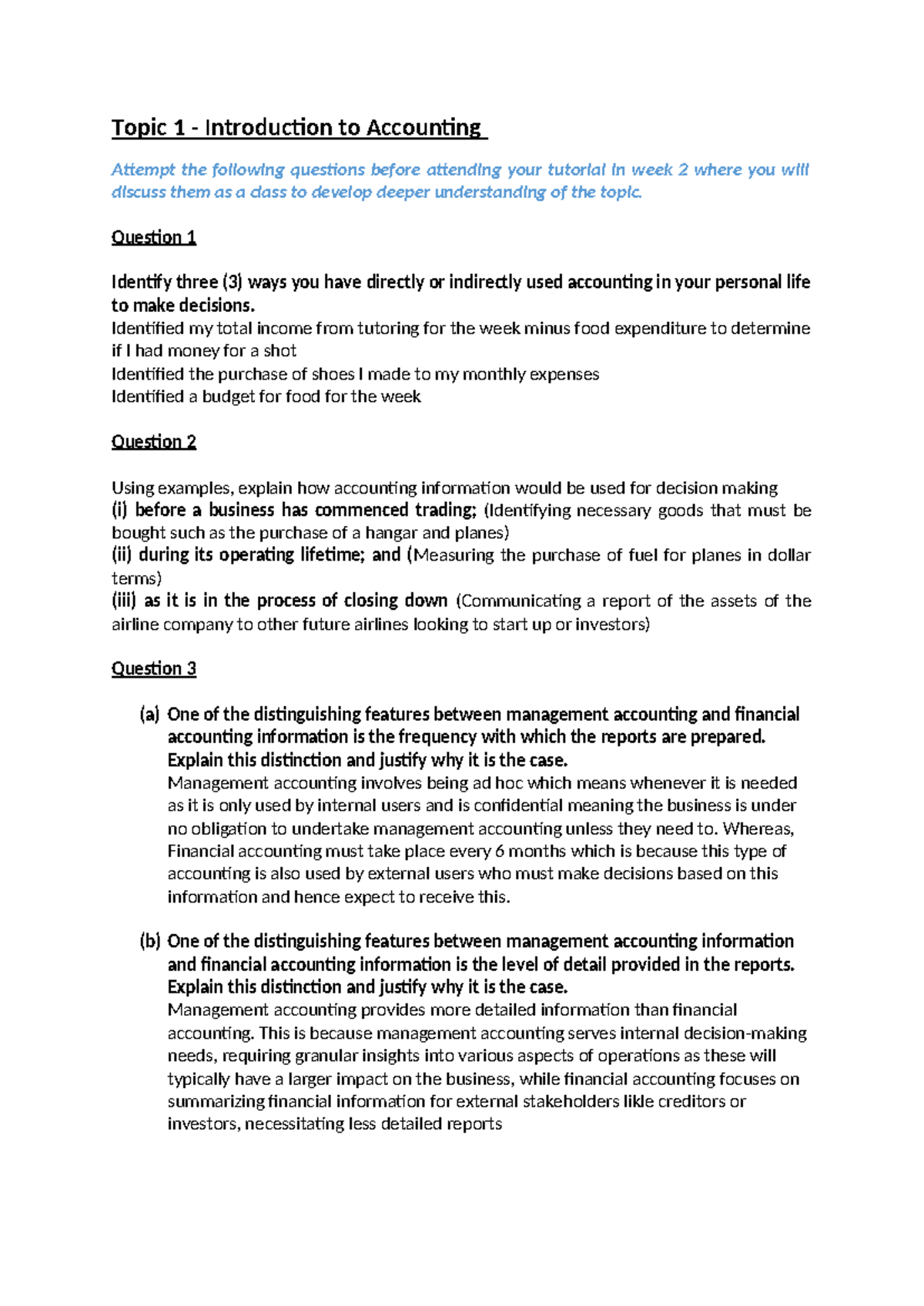 Topic 1 Tutorial Exercises - Topic 1 - Introduction to Accounting ...