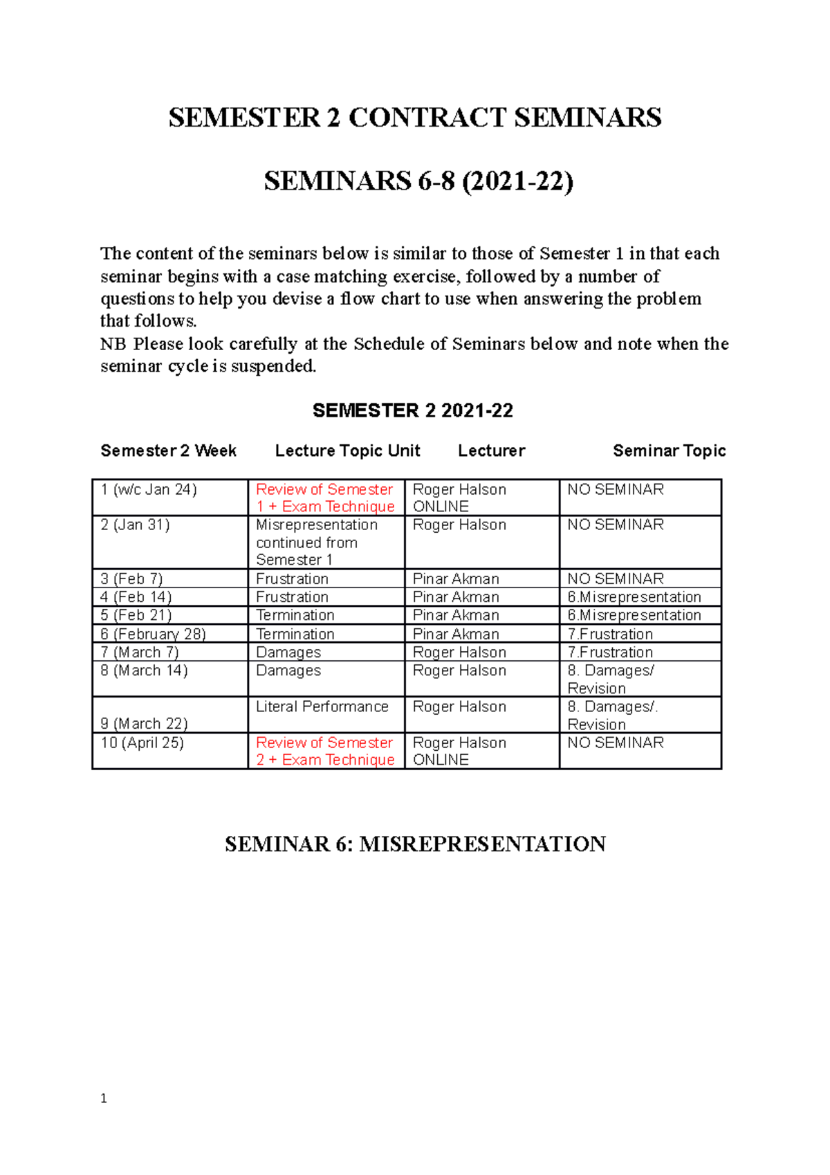 CONT SEMS SEM 2 21-22 Revised - SEMESTER 2 CONTRACT SEMINARS SEMINARS 6 ...