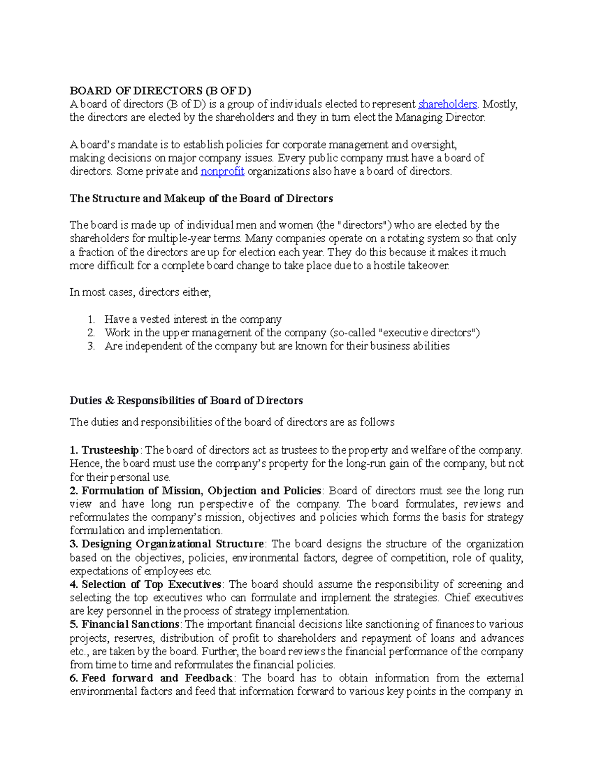 BUSINESS MANAGEMENT Notes - BOARD OF DIRECTORS (B OF D) A board of ...