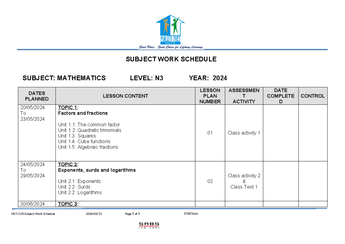 2024 Icass R191- Ncvsubject WORK Schedule (maths n3) - MLT-CUR-Subject Work Schedule 2024/05/13 ...