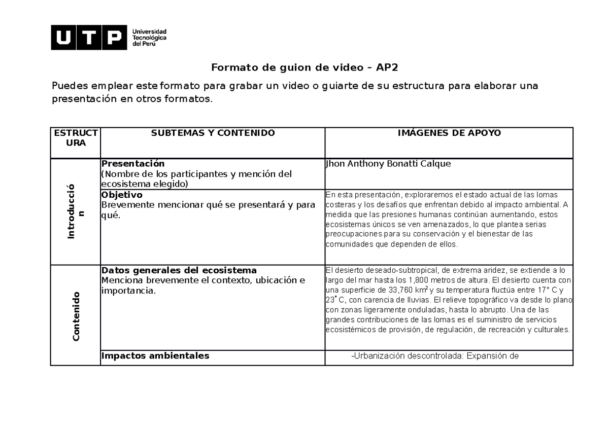 Semana 11 - Word - Formato de guion de video AP2 - Formato de guion de ...