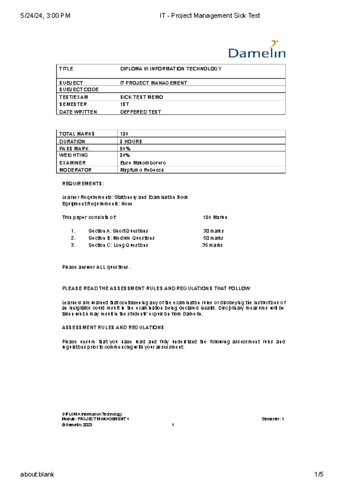 IT - Project Management Sick Test - TITLE DIPLOMA in INFORMATION ...