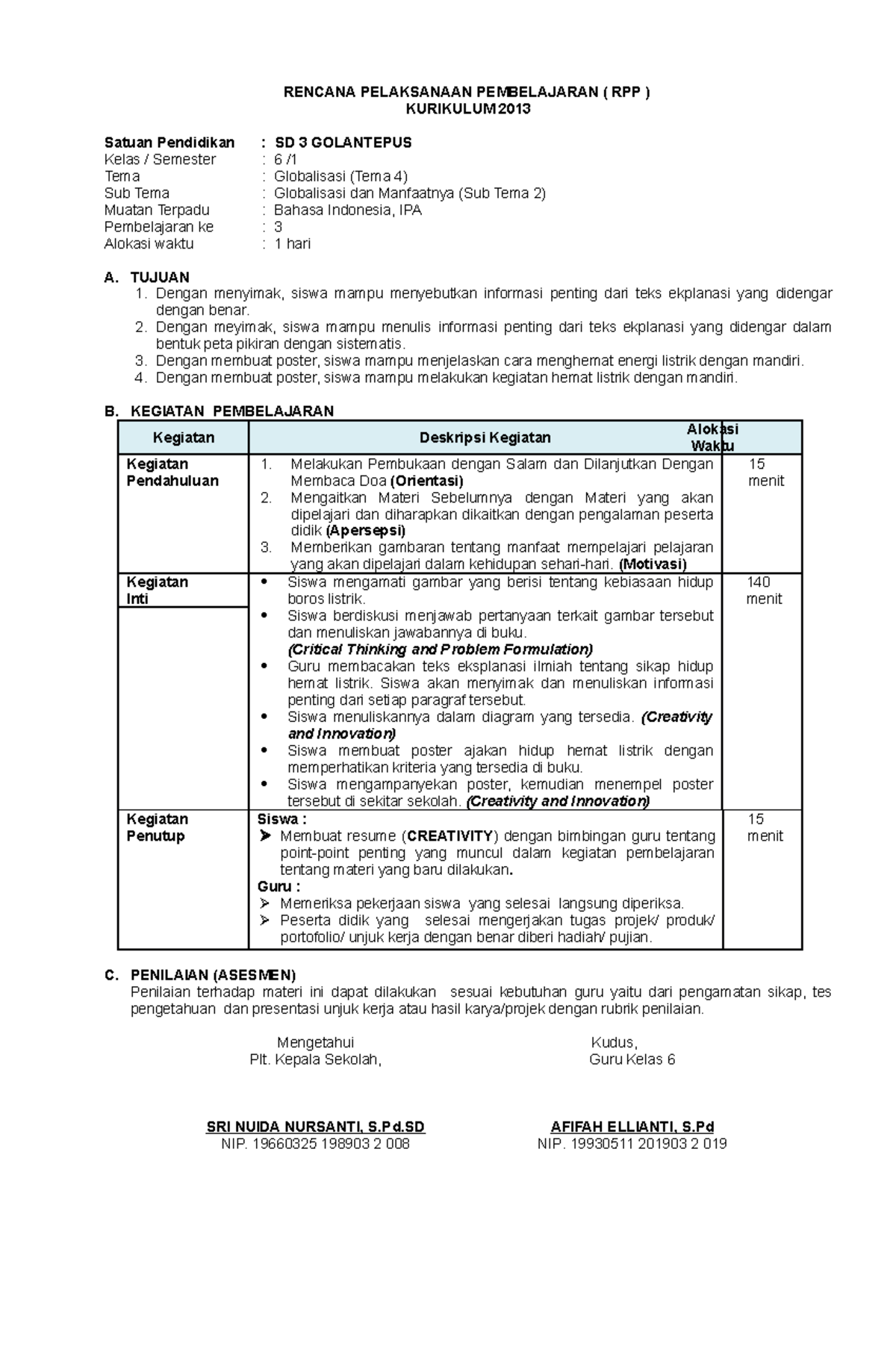 RPP Akreditasi Kelas VI - RENCANA PELAKSANAAN PEMBELAJARAN ( RPP ...