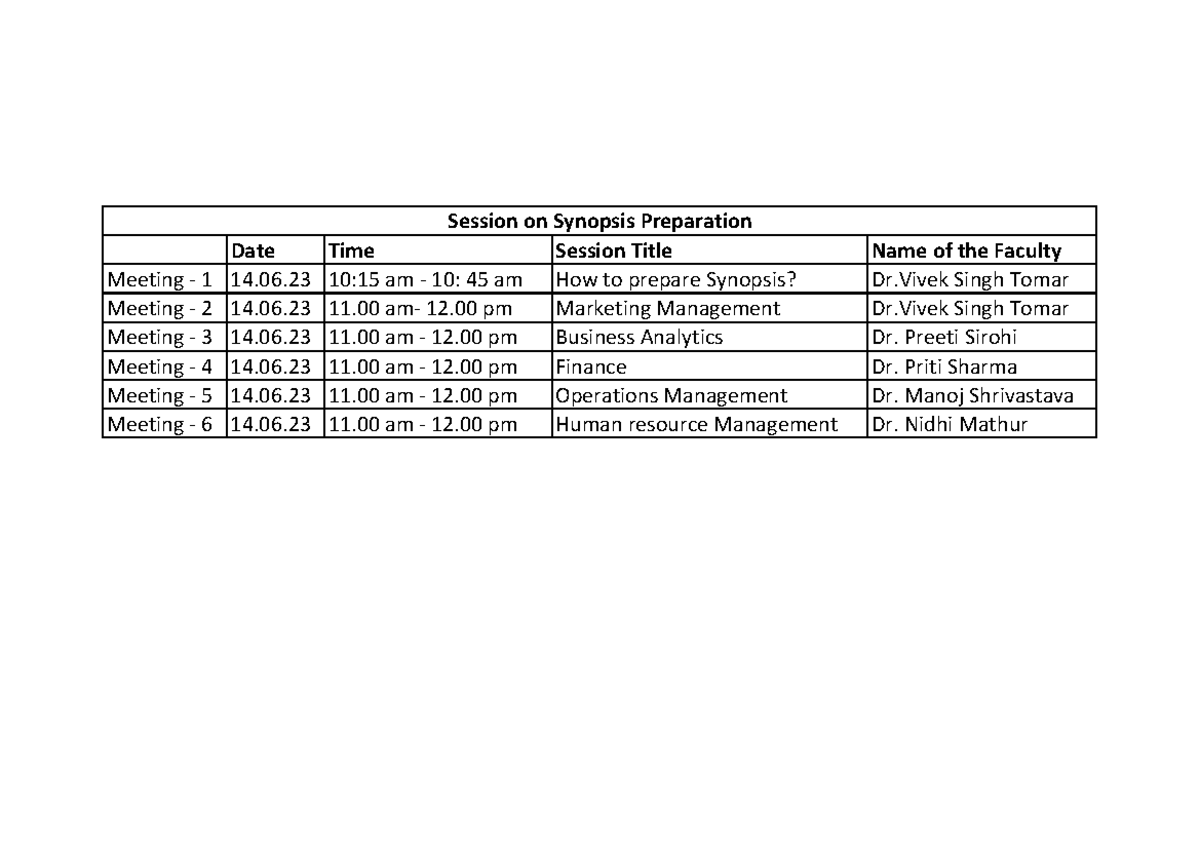 Synopsis preparation guidance session (Specialisation-wise) - Date Time Session Title Name of ...