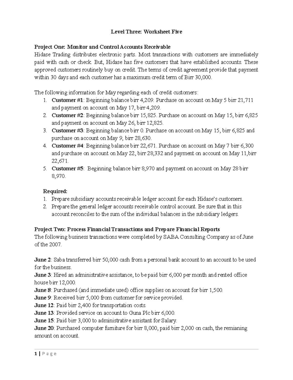 Exam 5 - COC - Level Three: Worksheet Five Project One: Monitor and Control Accounts Receivable ...