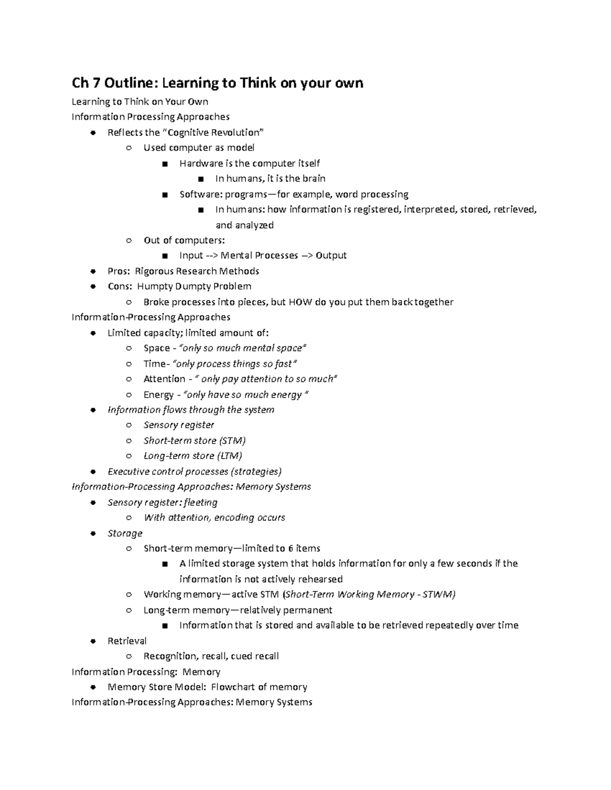Week 9 notes - Dr. Kristin Atchison - Ch 7 Outline: Learning to Think ...