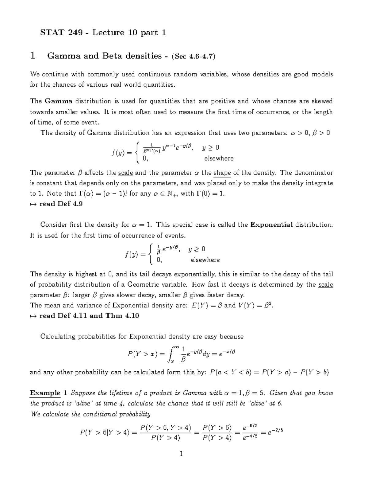 Stat249-lec10-1 - lecture - STAT 249 - Lecture 10 part 1 1 Gamma and Beta densities - (Sec 4.6-4 ...