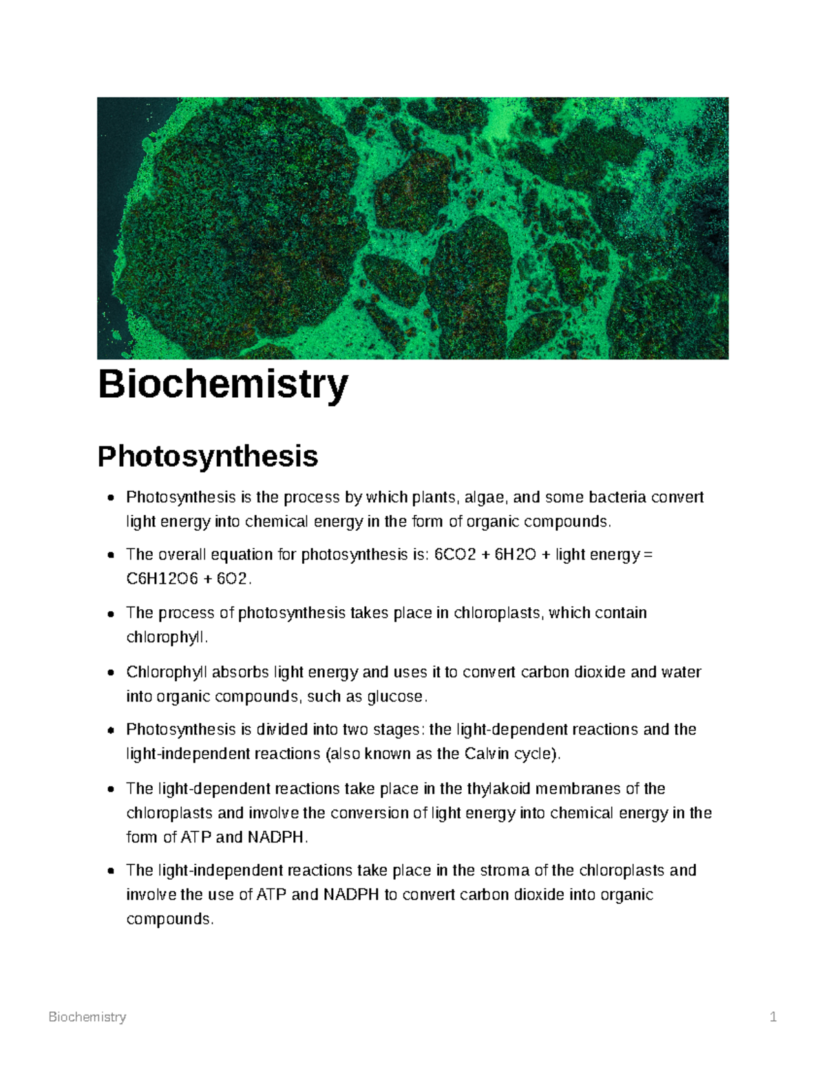 Photosynthesis - Notes - Biochemistry Photosynthesis Photosynthesis is ...