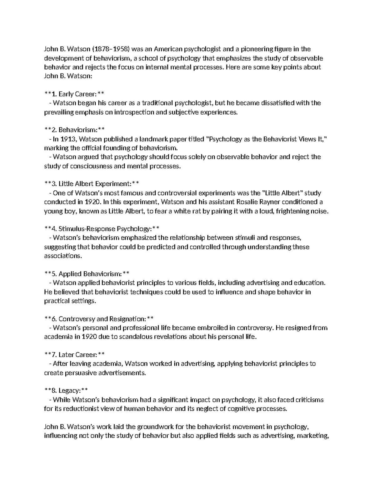 Watson - John B. Watson (1878–1958) was an American psychologist and a ...