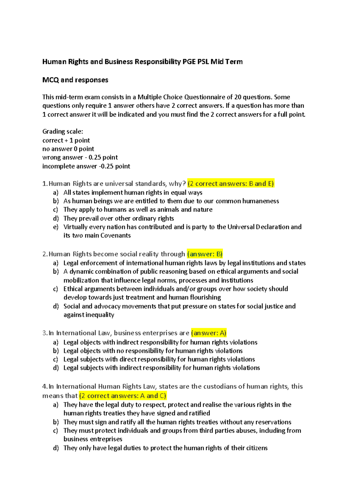 Human Rights and Business Responsibility PGE PSL Mid Term MCQ answers 2 ...
