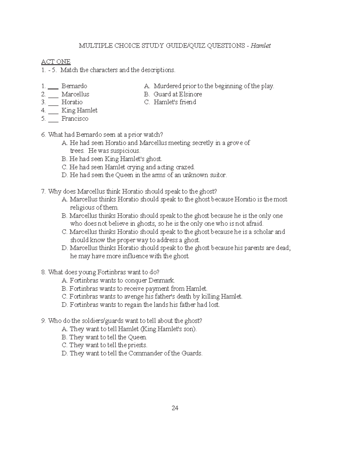 Hamlet Study Guide Questions Act I MCQ questions - 24 MULTIPLE CHOICE ...