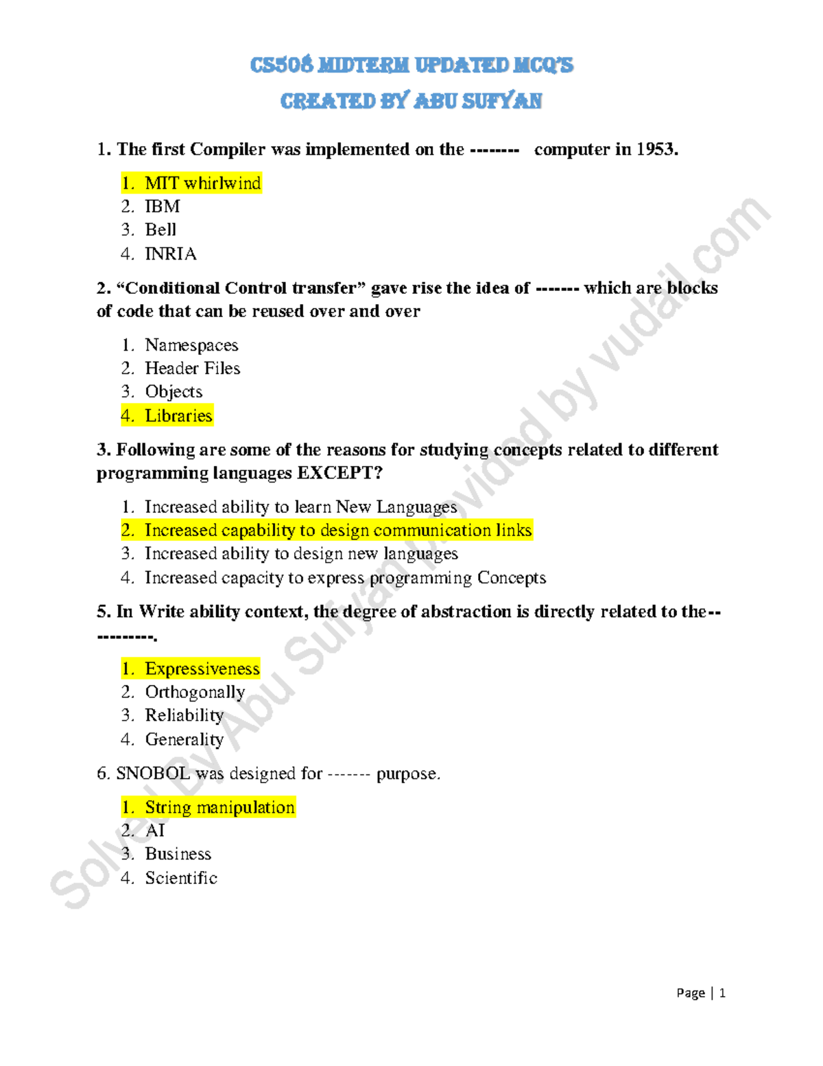 CS508 Midterm MCQS Updated 2020 By Abu Sufyan - CREATED BY ABU SUFYAN The first Compiler was ...
