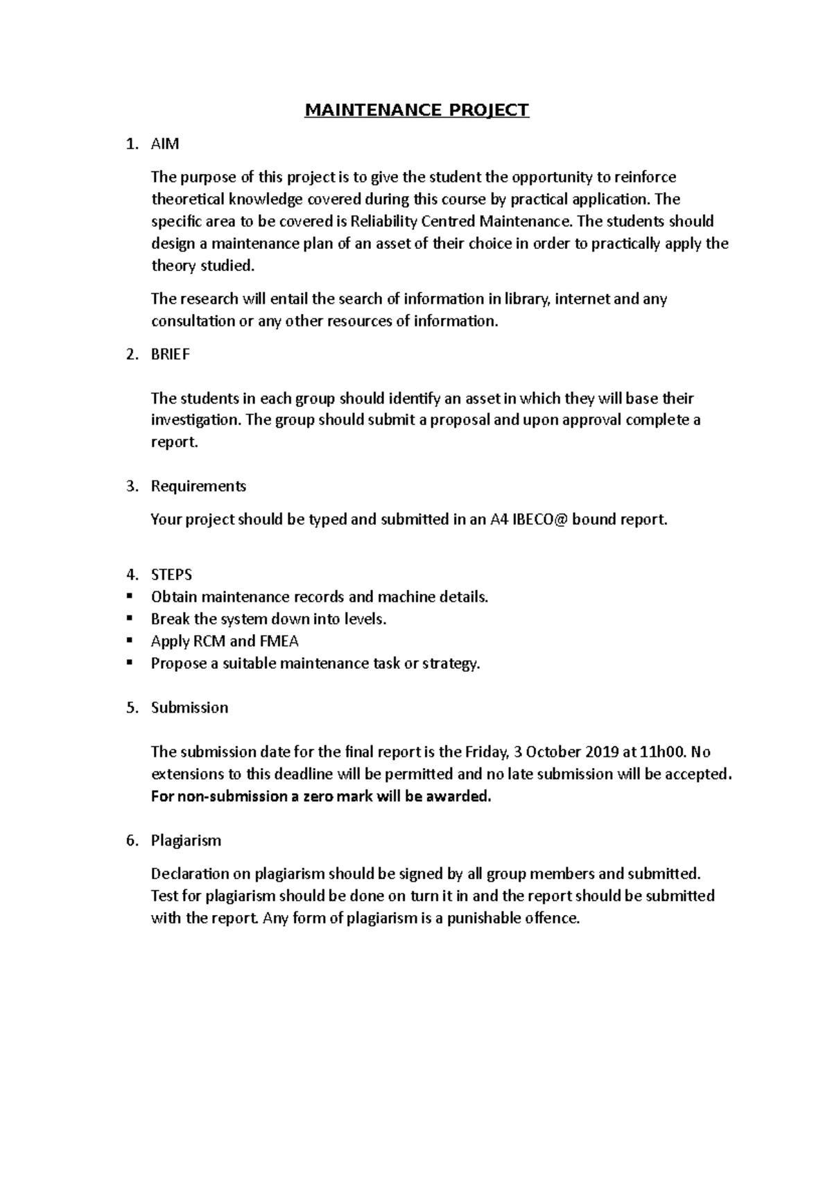 MAIN202 - Maintenance I - Maintenance Project Brief - MAINTENANCE ...