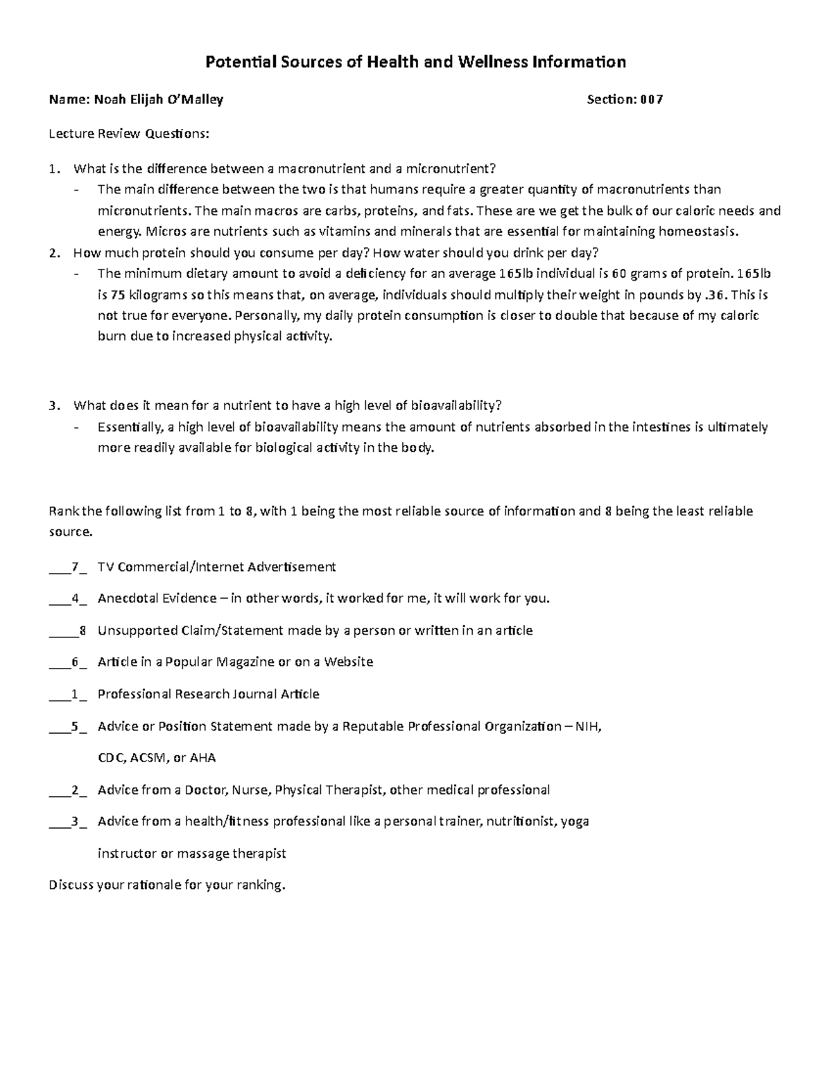 Kines 61 Lecture Activity 2 - Potential Sources of Health and Wellness ...