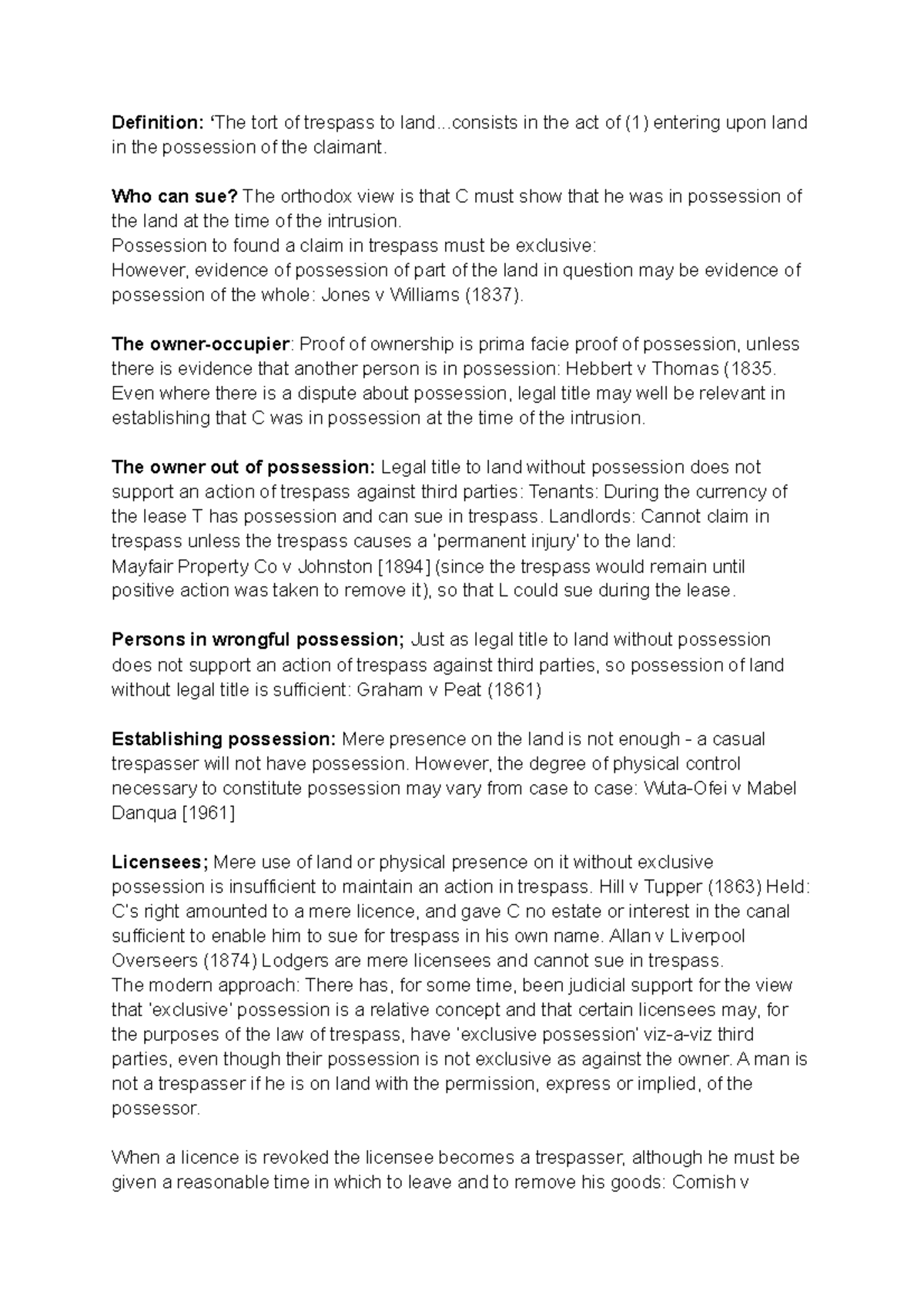 Trespass to land - Criminal Law - Definition: ‘The tort of trespass to ...