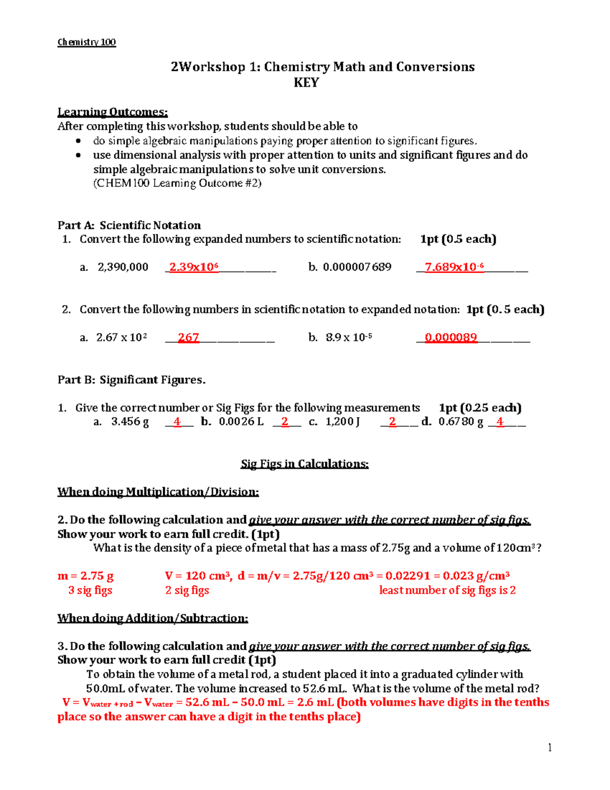 Wk #1 Key (8-29 update) - ANSWER KEY TO WORKSHOP 1 - Chemistry 100 1 ...